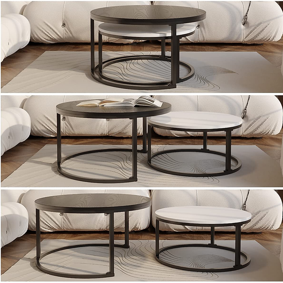 Usinso Round Coffee Tables,2 Round Nesting Table Set Circle Coffee Table with Storage Open Shelf for Living Room Modern Minimalist Style Furniture Side End Table of Stable(Black & White)