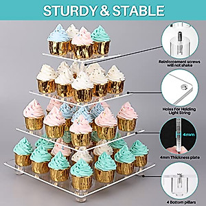 Antimbee 4 Tier Clear Acrylic Cupcake Stand with Gold LED String Lights, Square Tower Cupcake Display Holder