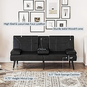 BELLEZE Futon Sofa Bed, Comfy Couch Convertible Sofa Bed with 2 USB Ports, Removable Armrests and Adjustable Backrest, Modern Loveseat Sofa for Living Room, Small Space - Madison (Black Faux Leather)