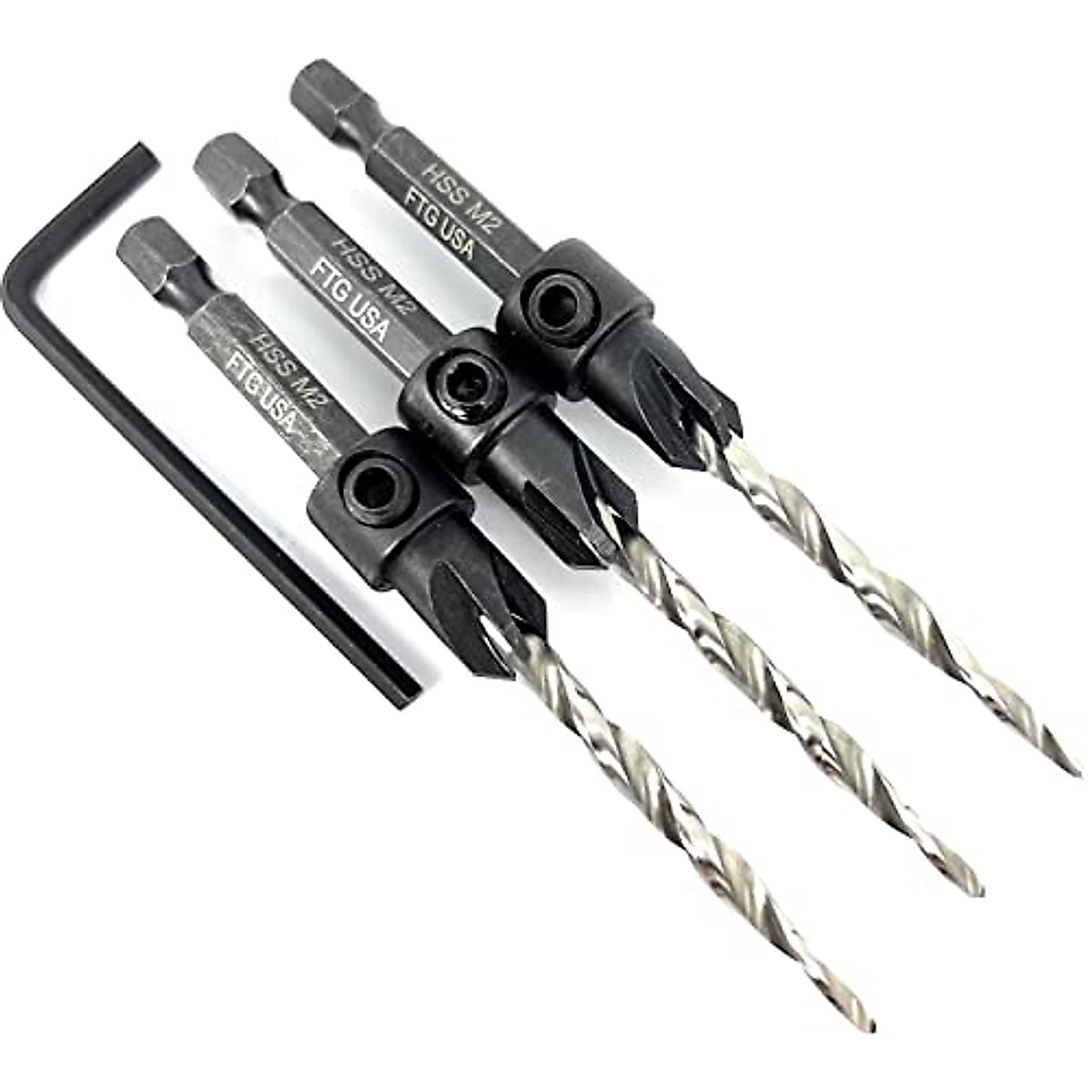 FTG USA Countersink Drill Bit Set 3 Pc #8 (11/64") Countersink Drill Bit with Tapered Drill Bits, Quick Change Hex Shank Countersink Bit, 1 Hex Wrench, Counter Sinker Drill Bit Set for Woodworking