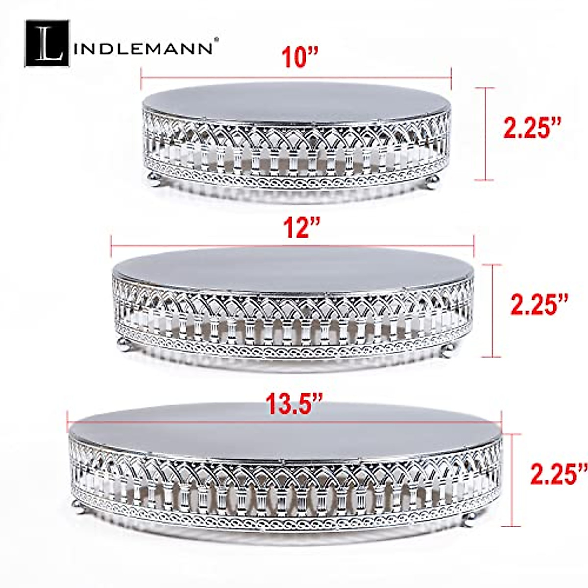 LINDLEMANN 3 Pack Decorative Cake Stands Metal Round Cupcake Holder Desserts Display Stand Set with Spatula for Birthday Celebration & Party Decorations (Silver, 10" | 12" | 13.5")