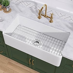 TUKTUK White Farmhouse Sink 33 inch Fireclay Apron Front Single Bowl Kitchen Sink Deep Drop In Farm Sink Undermount with Custom Bottom Grid & Strainer Drain