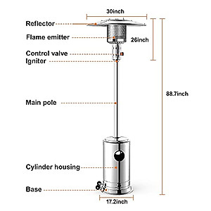 48000 BTU Outdoor Patio Propane Heater, 88in Tall Umbrella Outside Space Gas Heater with Wheels, Standing Tainless Steel Patio Floor Air Heater, for Commercial, Residential, Garden, Porch, Party, Deck