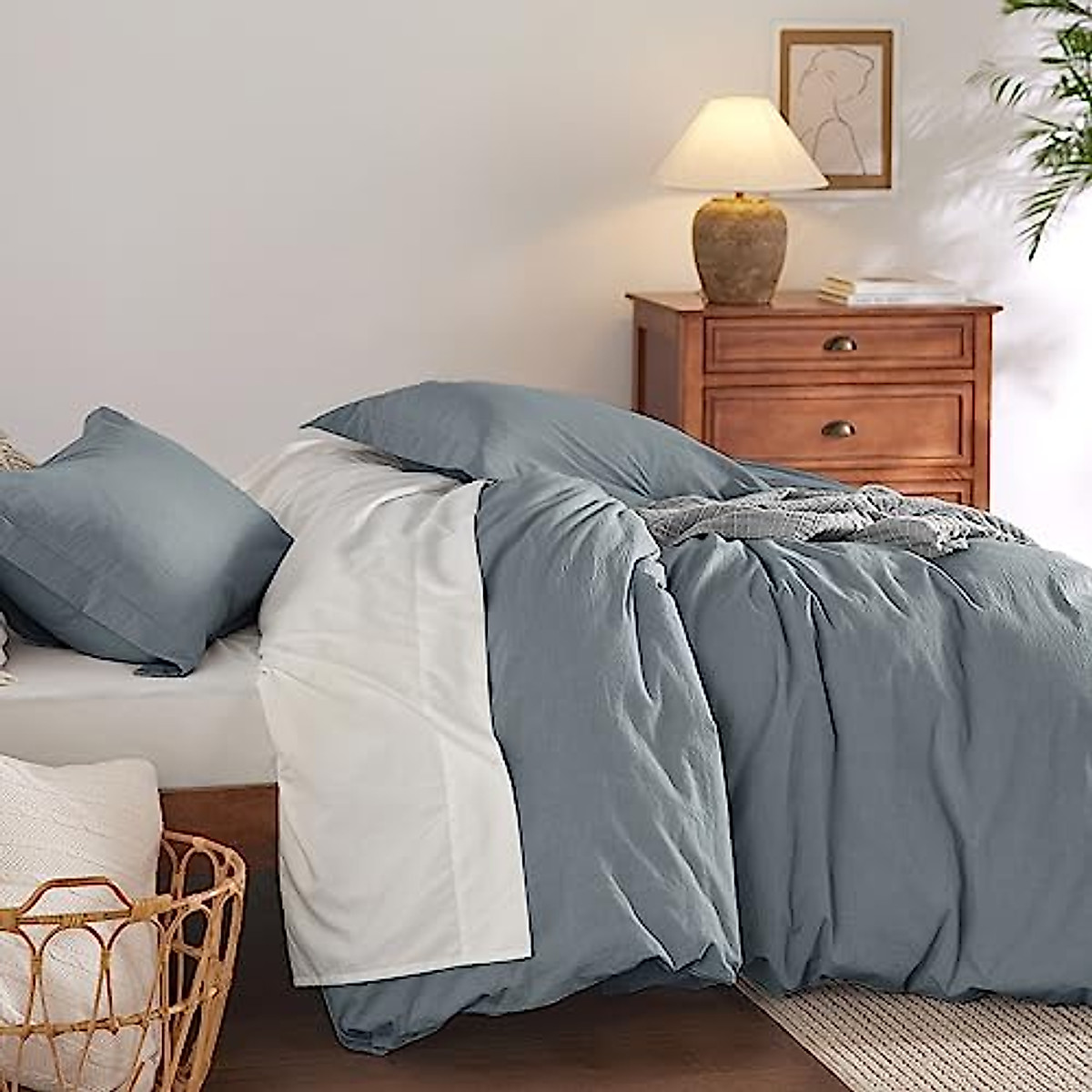 Bedsure 100% Washed Cotton Duvet Cover Queen - Grey Blue Minimalist Cotton Duvet Cover Set Linen Like - 3 Pieces Plain Simple Cotton Duvet Cover Set with 2 Pillow Shams (Grey Blue, Queen, 90"x90")