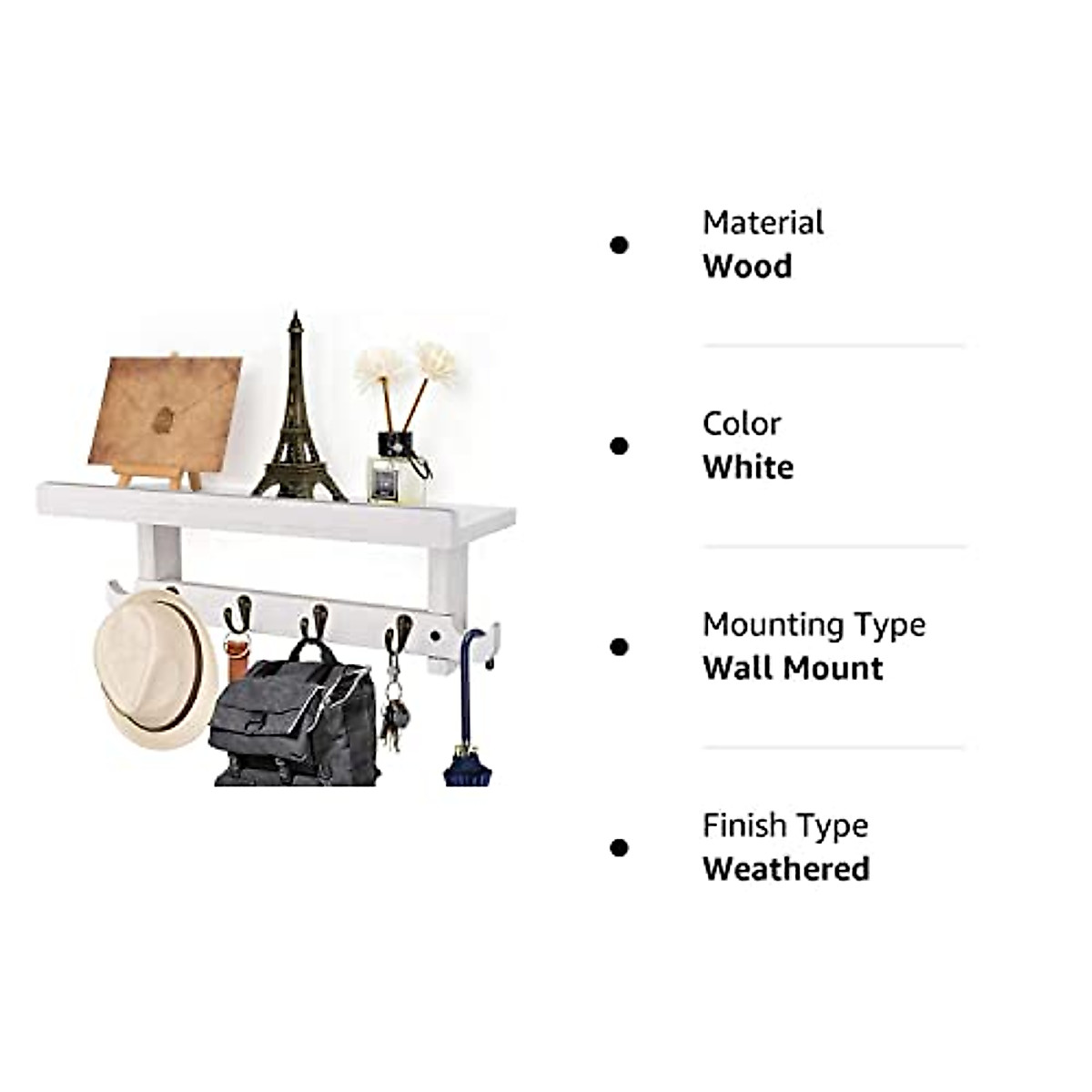 Emfogo Coat Rack Wall Mount 16.9" Key Holder Wall Mount with 6 Coat Hooks Rustic Wall Coat Rack with Hooks for Entryway, Bathroom, Living Room White