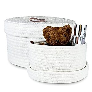 Aplolemo Round Cotton Rope Storage Basket with Lid,Decorative Woven Storage Bin,Organizer Box Container for Snacks Towels Plants, Leather Design Lidded Round Basket-Set of 2(11"x6"/9"x5")-White