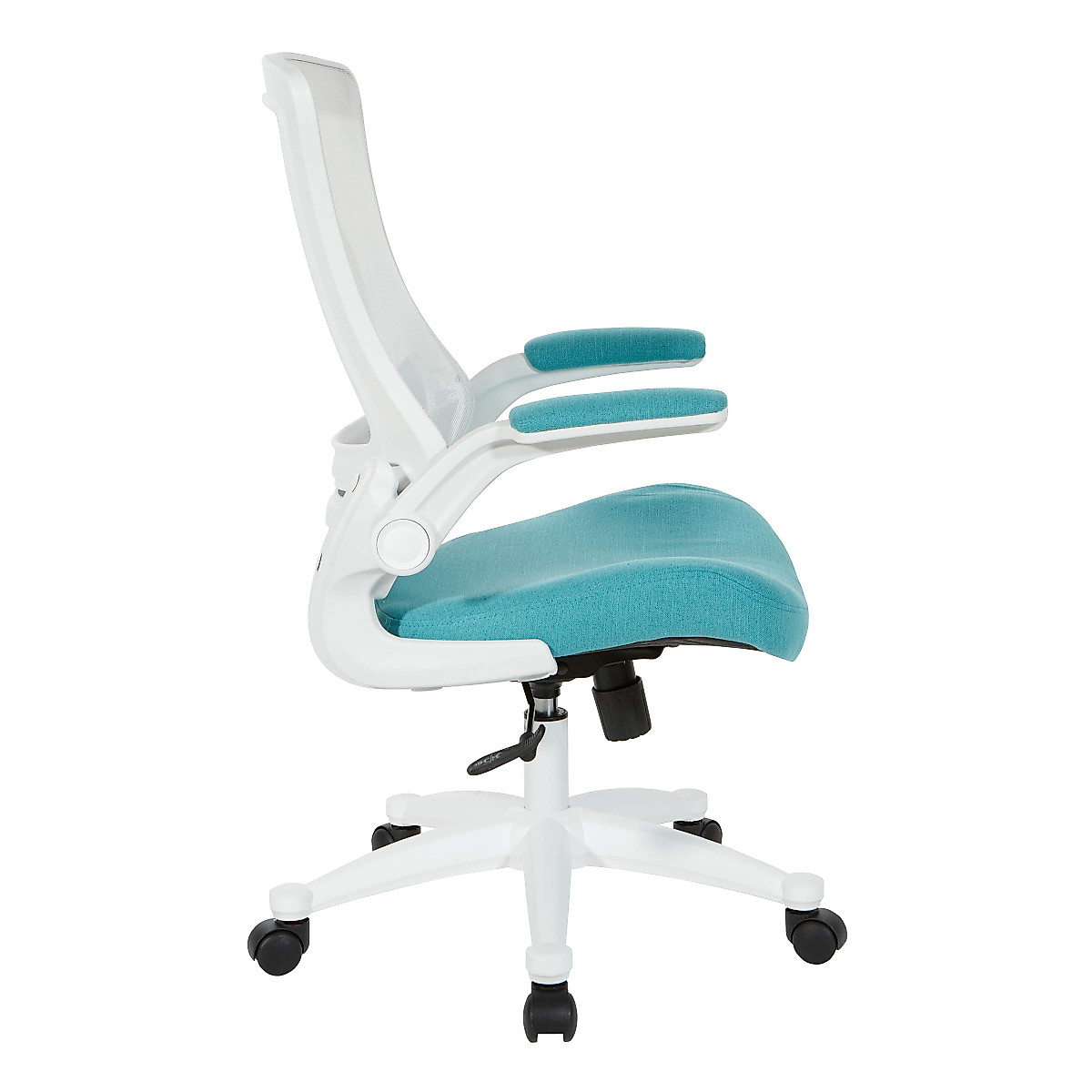 Office Star Ventilated White Screen Back Manager's Office Chair with Padded Color Flip Arms with White Nylon Base, Linen Turquoise Fabric