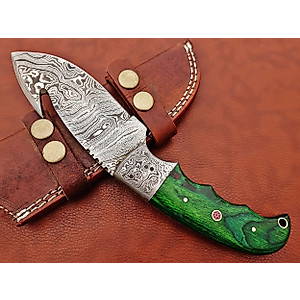 9.5" Hand Forged Damascus Steel Gut Hook Skinning Knife, Green Wood Scale with Damascus Bolster, Full Tang Blade Twist Pattern Drop Point Blade, Cow Hide Leather Sheath