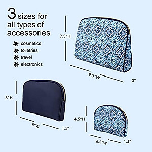 Once Upon a Rose 3 Pc Cosmetic Bag Set, Purse Size Makeup Bag for Women, Toiletry Travel Bag, Makeup Organizer, Cosmetic Bag for Girls Zippered Pouch Set, Large, Medium, Small (Navy & Blue)