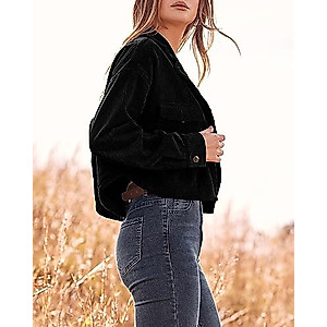BTFBM Women's Corduroy Cropped Jacket 2023 Winter Fall Lapel Button Down Casual Short Shacket Jackets Coats with Pockets(Soldi Black, Large)