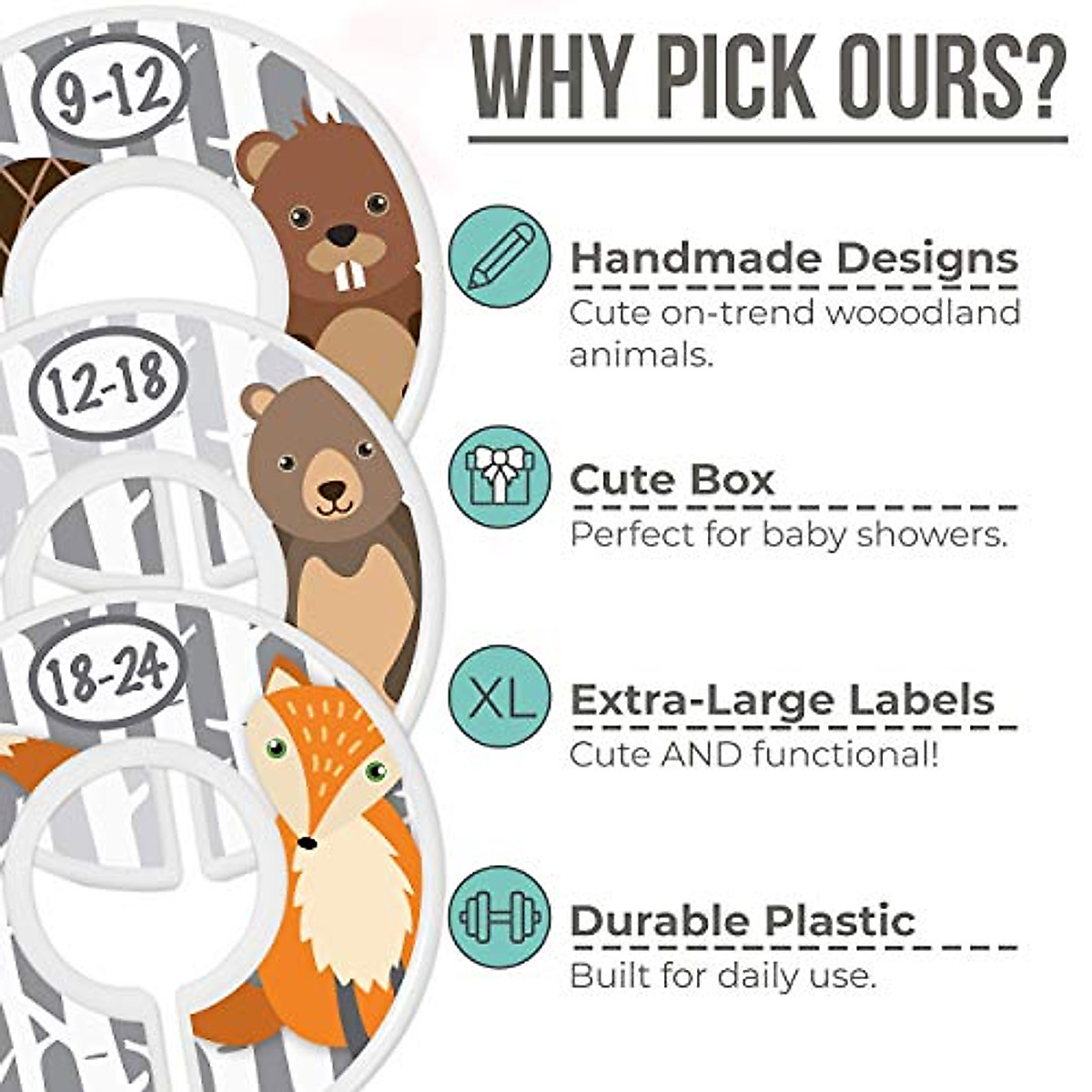 Baby Closet Size Dividers - Woodland Nursery Closet Dividers for Baby Clothes - Fox Deer Bear Hedgehog Beaver Nursery Decor - Baby Closet Dividers for Boy or Girl - [Woodland] [Grey/Gray]