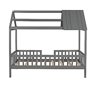 MERITLINE Twin House Bed Kids Montessori Beds Playhouse Tent Bed, Solid Wood Platform Bed Frame with Fence and Roof for Kids Teens Adults (Twin Size, Gray)