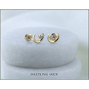 Dazzlingrock Collection 0.02 Carat (ctw) Round White Diamond Ladies Crescent Moon and Star Stud Earrings, 14K Yellow Gold