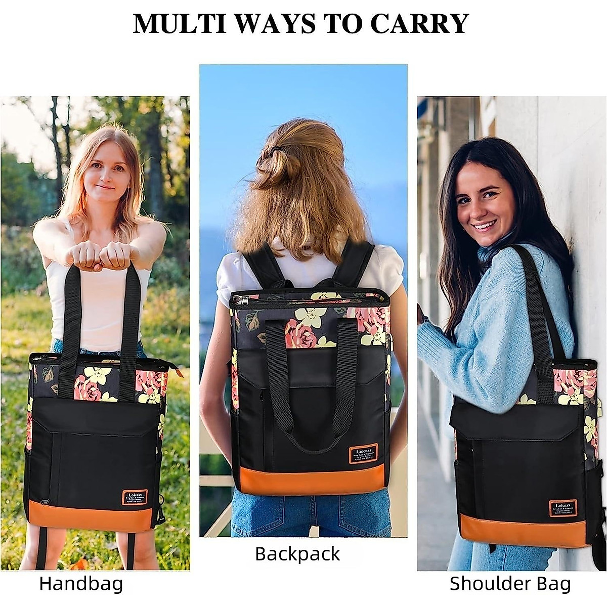 LOKASS Convertible Backpack Tote Bag丨 Slim Work Daypack For Women丨Commuter Laptop Backpacks School 丨Tote Bags For School/College/Travel 丨Fits 15.6 Inch Laptop, Black with Peony