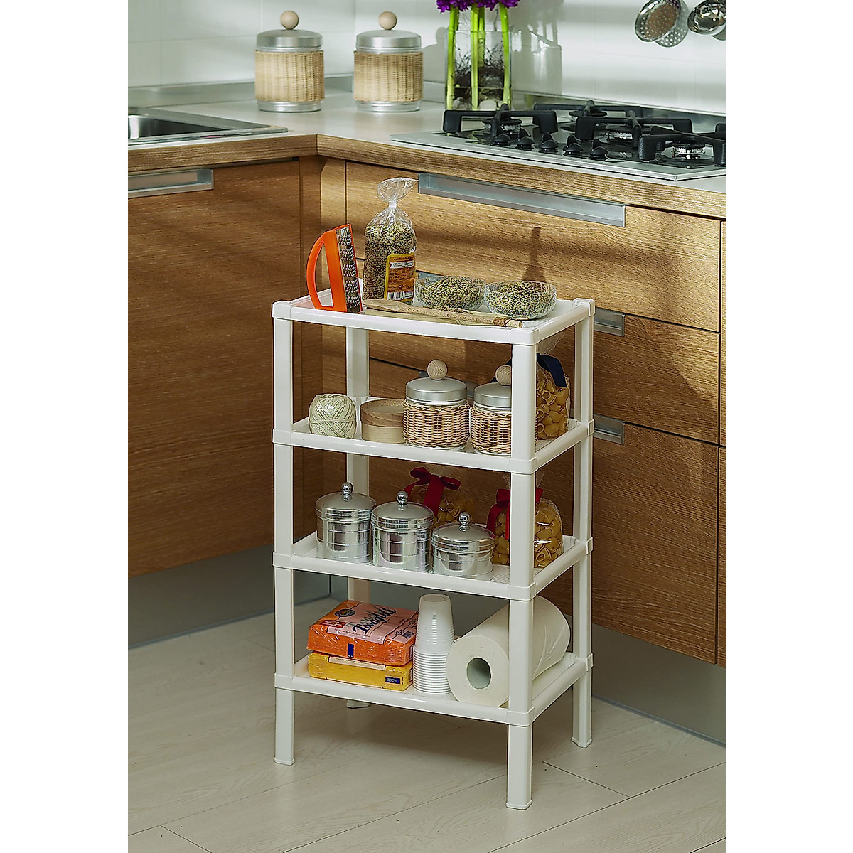 Sana Enterprises Italian Design 4 Shelf Tower Creates Elegant Organized Storage Space Anywhere, White