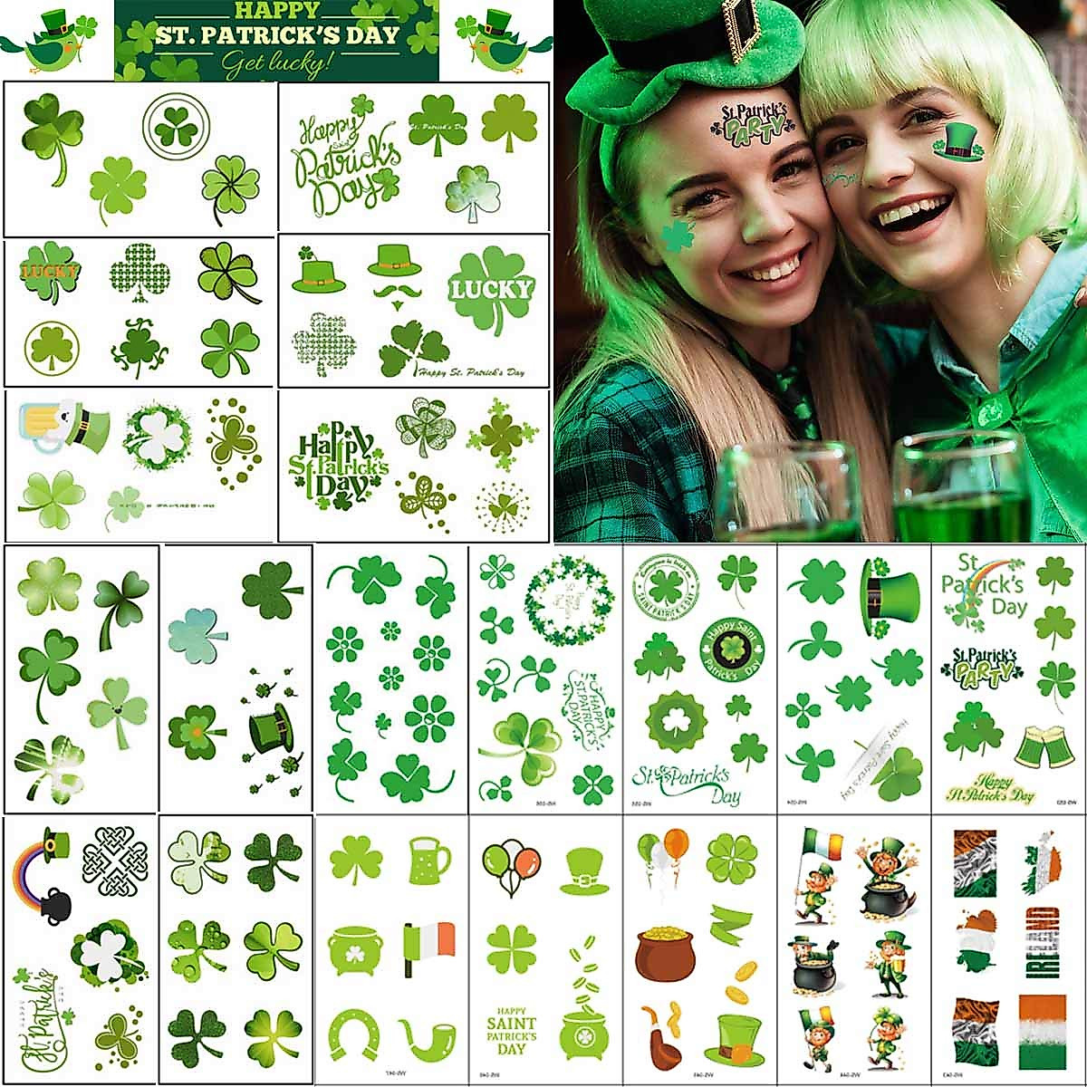 COKOHAPPY 169Pcs St Patricks Day Temporary Tattoos Face Sticker, 20 Sheets Body Temporary Tattoos Decorative Stickers for Saint Patrick's Day Party Favor Decoration