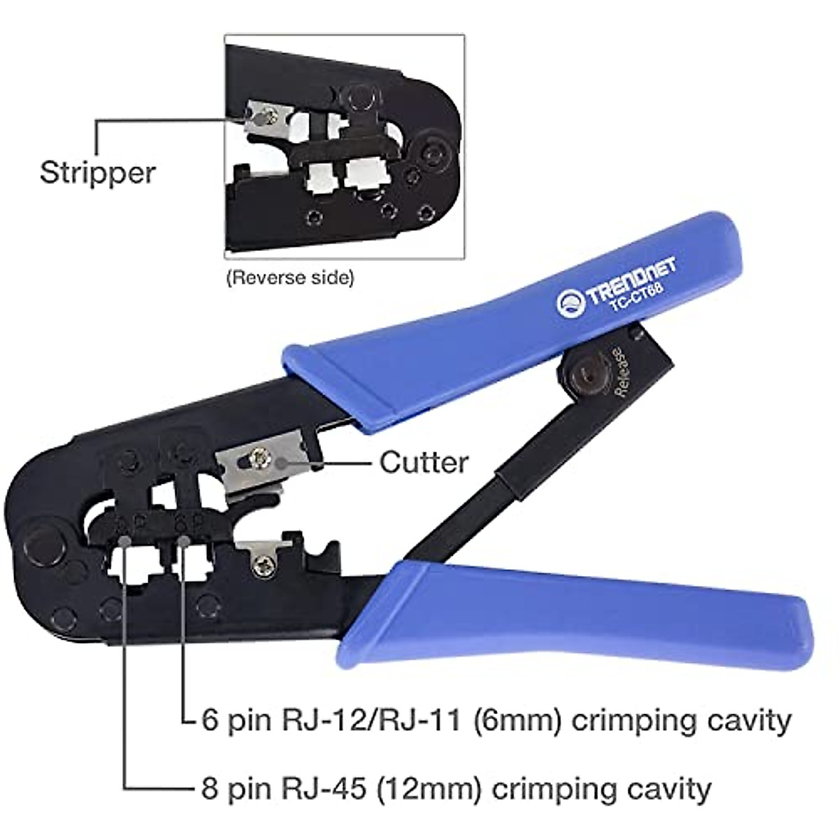 TRENDnet Crimping Tool, Crimp, Cut, And Strip Tool, For Any Ethernet or Telephone Cable, Built-In Cutter And Stripper, 8P-RJ-45 And 6P-RJ-12, RJ-11, All Steel Construction, Black, TC-CT68