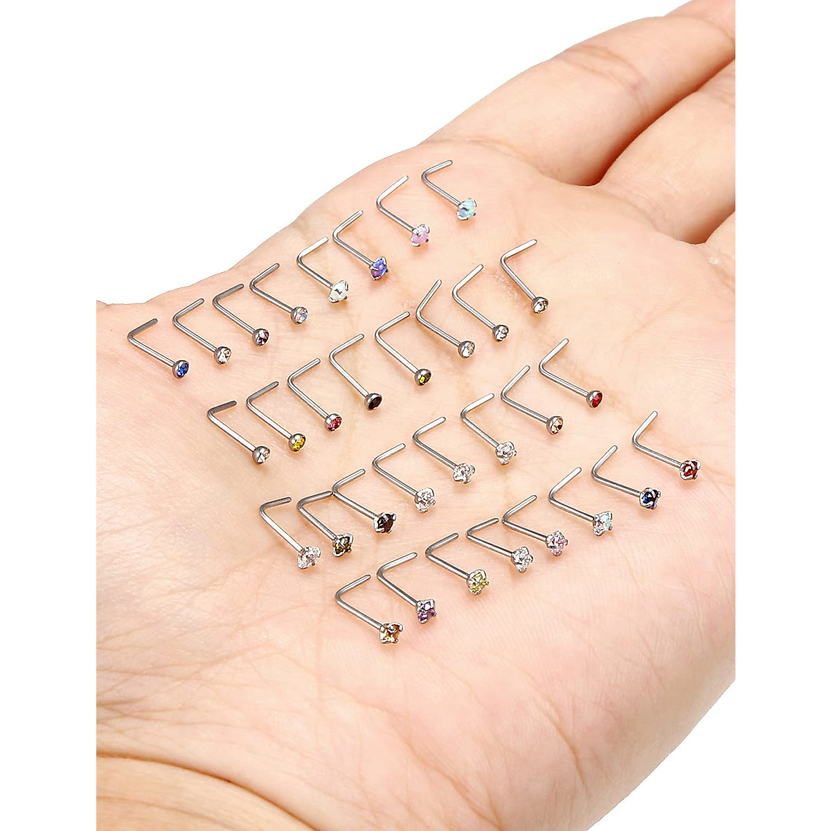 Leiainely 22g 22 g Gauge Thin Nose Rings Studs Piercings Aretes Para La Nariz for Women Men 2mm Gems L Shape Shaped Nostril Jewelry Hypoallergenic Surgical Stainless Silver Steel