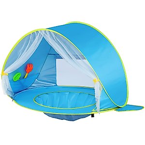 Monobeach Baby Beach Tent, Beach Canopy Sun Shelter UPF50+ UV Protection Baby Pool with Canopy, Easy Set Up Pop Up Baby Beach Shade Pool for Toddlers Outdoor Camping Pool Fun (Front Mesh Blue)