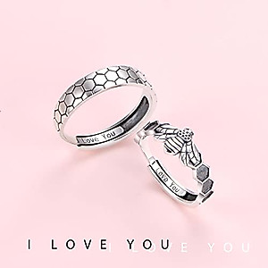 Yearace Bee Honeycomb Couples Rings Set, 925 Sterling Silver Cute Animals Bee Honeycomb Matching Ring for Couples Engraved I Love You, Adjustable Engagement Wedding Promise Ring for Him and Her