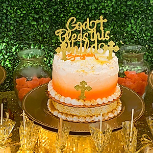 JeVenis 25 PCS Glittery Gold Bless this Child Cake Topper Baptism Cupcake Toppers Cross Cupcake Topper Baptism Cake Topper Cross Cake Decoration Baptism Party Decorations