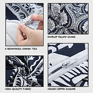 Bedduvit Cotton Duvet Cover Queen - Navy Blue Damask Queen Duvet Cover Set,Breathable Minimalism Damask Patterned Duvet Cover Queen with Zipper Closure & 8 Ties (90"x90", No Comforter)