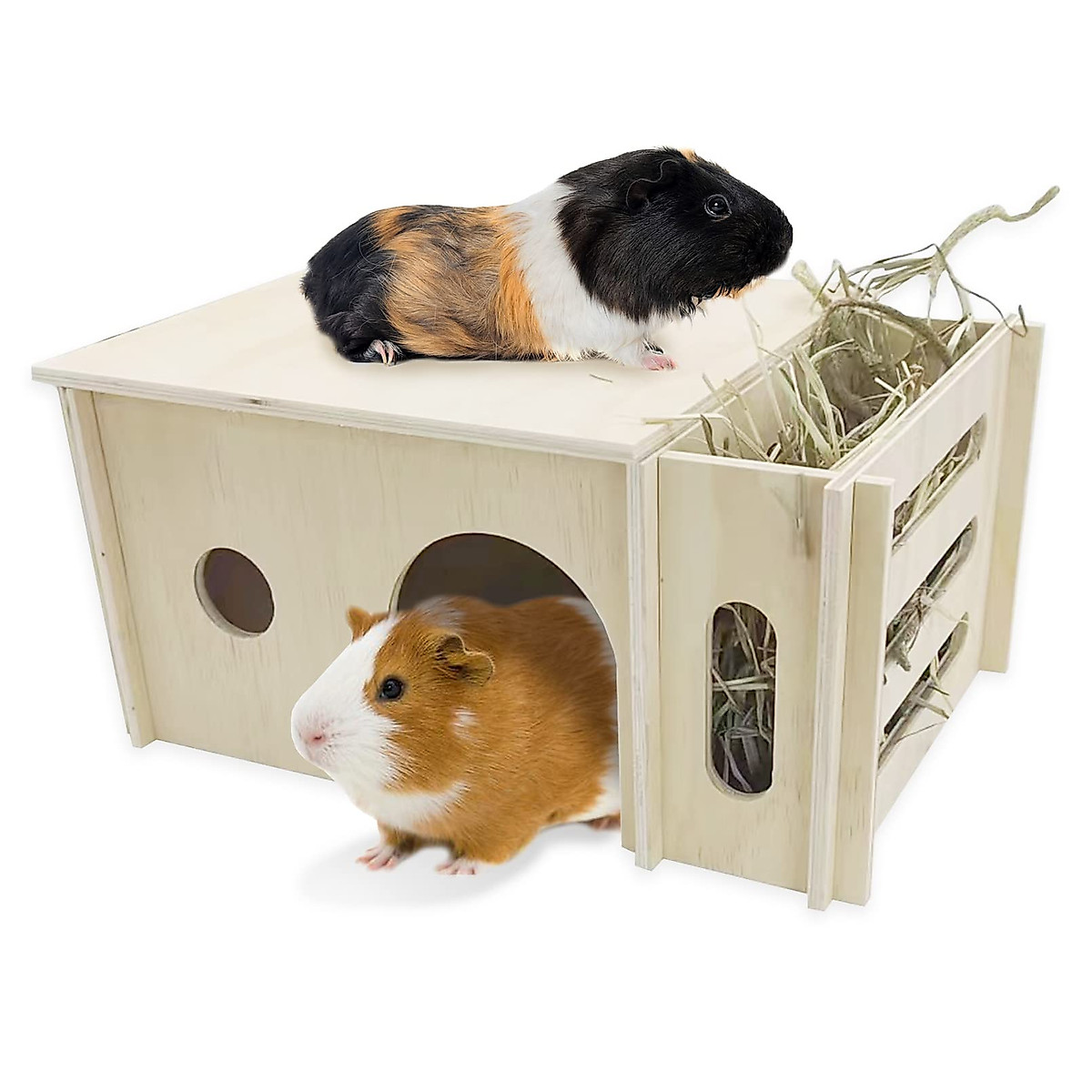 Acsist Guinea Pig Wooden Hideout with Hay Feeder Hamster Wood House Detachable Small Animal Hideouts for Chinchilla Dwarf Rabbit Hamster Hut Hedgehog