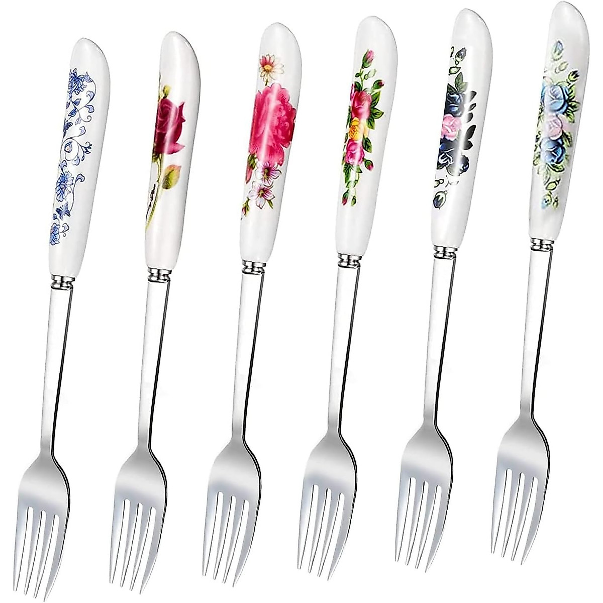 6Pcs Dinner Stainless Steel Forks Silverware - Dinner Fork with Ceramic Handle Stainless Steel Cutlery Forks Set - Dessert Forks and Spoons Silverware for Home, Restaurant and Kitchen Cutlery Sets