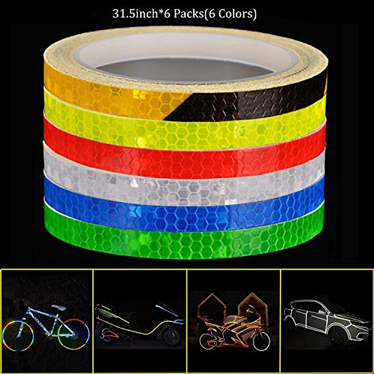 Reflective Tape Outdoor Safety Warning Lighting Sticker Waterproof Bike Reflector Tape for Car, Bicycle, Motorcycle Rim Self-Adhesive DIY Decoration (6 Colors-Blue Red Green White Yellow Black+orange)