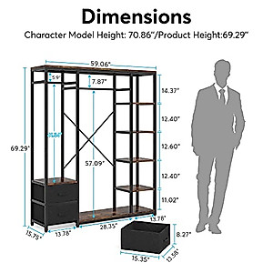 Tribesigns Freestanding Closet Organizer with 2 Drawers, 59 inch Heavy Duty Clothes Garment Rack with Shelves and Double Hanging Rod, Metal Clothing Rack Wardrobe for Bedroom, Rustic Brown