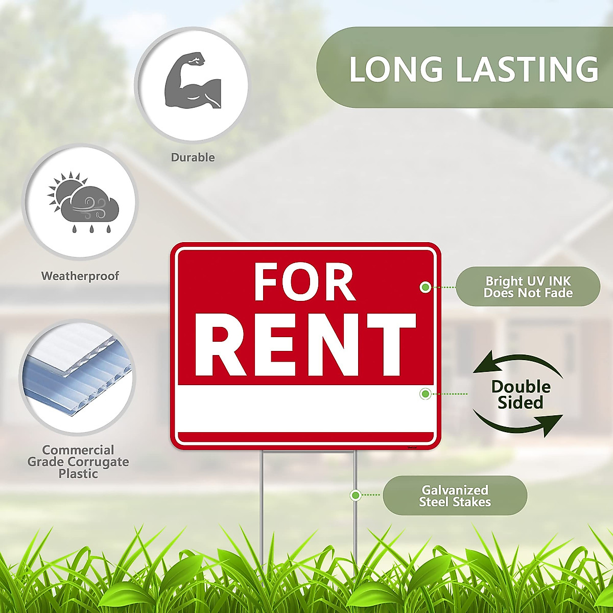 1PC For Rent Sign with Stand, 17 Inches by 13 Inches - Double Sided Signs - Corrugated Plastic - For Rent Yard Sign with Stake