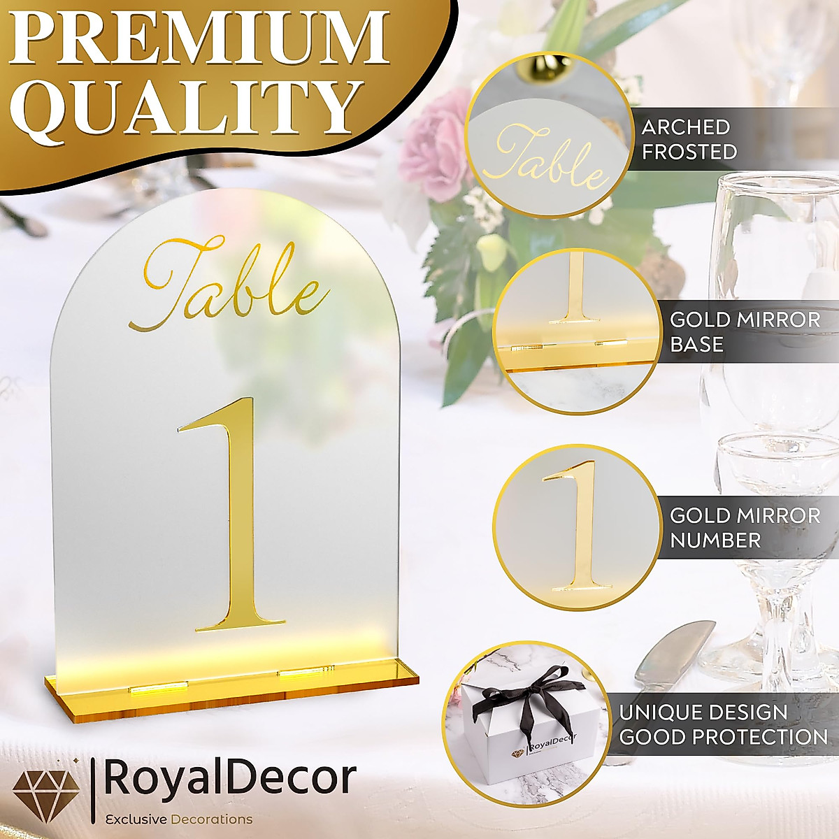 RoyalDecor's Frosted Arched Acrylic Table Numbers 1-20 with Gold Mirror Number and Stands - Perfect Wedding Table Decorations Accessories - Small Number Stand Centerpieces for Reception Tables - 5x7