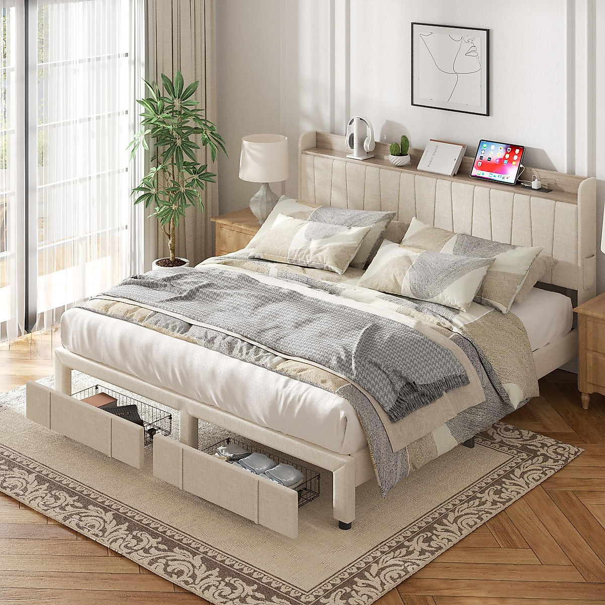 Sismplly King Size Bed Frame, Upholstered Platform Bed with Storage Drawers Headboard and Charging Station, Wooden Slats Support, No Box Spring Needed, Easy Assembly, Beige