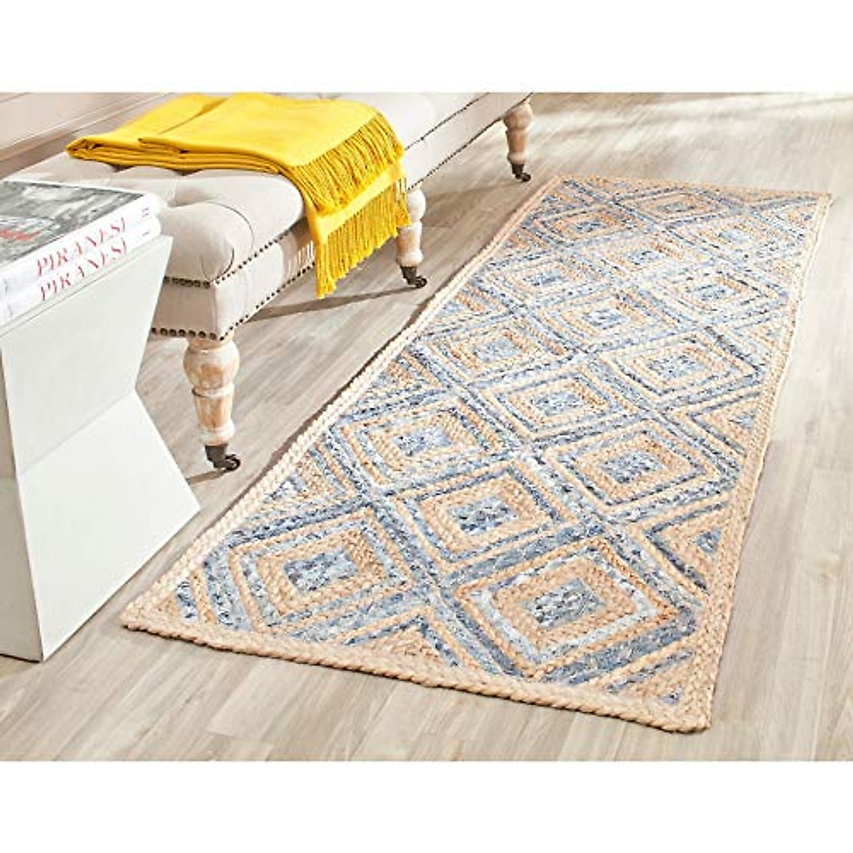SAFAVIEH Cape Cod Collection 2'3" x 10' Natural / Blue CAP354A Handmade Flatweave Diamond Braided Jute & Denim Runner Rug