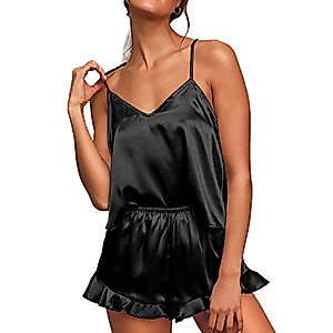 CHYRII Women's Sexy Ruffled Silk Satin PJS Racerback Cami Tops Shorts 2 PCS Pajamas Sets Nightwear Black M