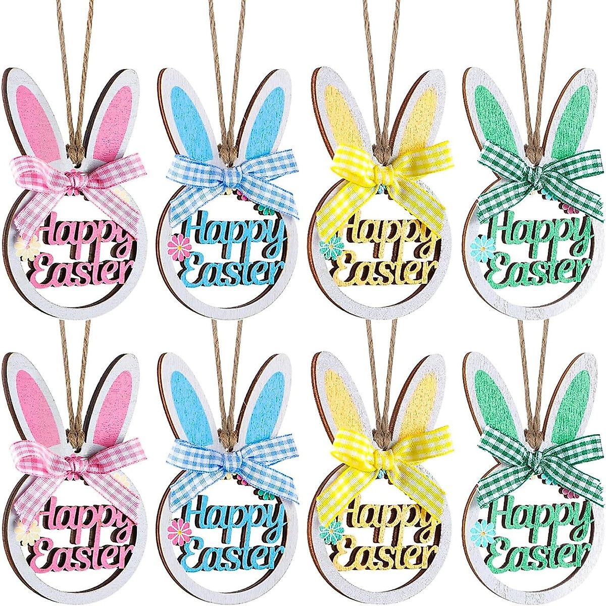 16 Pieces Easter Rabbit Tree Ornament Wooden Hanging Bunny Ornaments with Plaid Bow and Rope Wood Hollowed Out Easter Ornaments Cute Spring Hanging Decorative for Home Garden Decor (Bunny Ears Style)