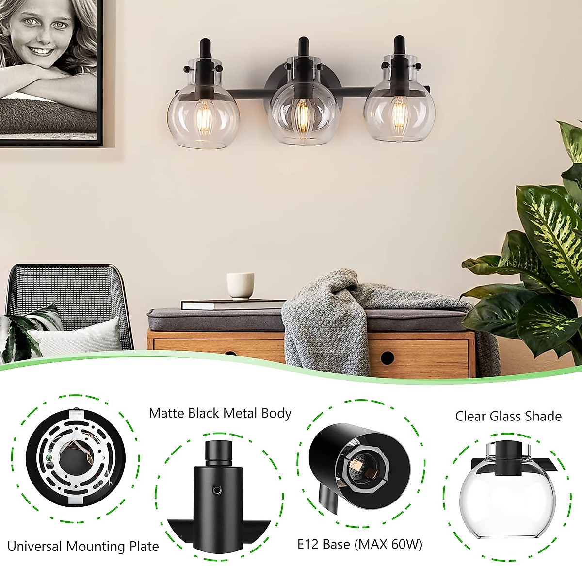 FOLKSMATE Bathroom Vanity Light Fixtures, Modern 3 Lights Wall Sconce Lighting Matte Black, Wall Lamp Wall Mount Light Fixture with Globe Glass Shade