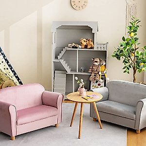 INFANS Kids Sofa with Ottoman, 2 Seat Toddler Upholstered Couch, Children Armrest Chair Lounge for Nursery Kindergarten Kids Room Boys Girls, Sturdy Wood Construction Velvet Surface (Pink, 2 Seats)