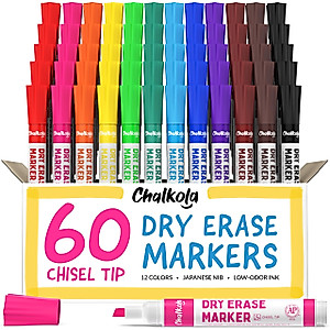 Chalkola Dry Erase Markers Bulk Pack of 60 (12 Vibrant Colors), Chisel Tip White Board Markers Dry Erase Pens - Whiteboard Markers for Kids, Home, Office Supplies, Back to School Supplies
