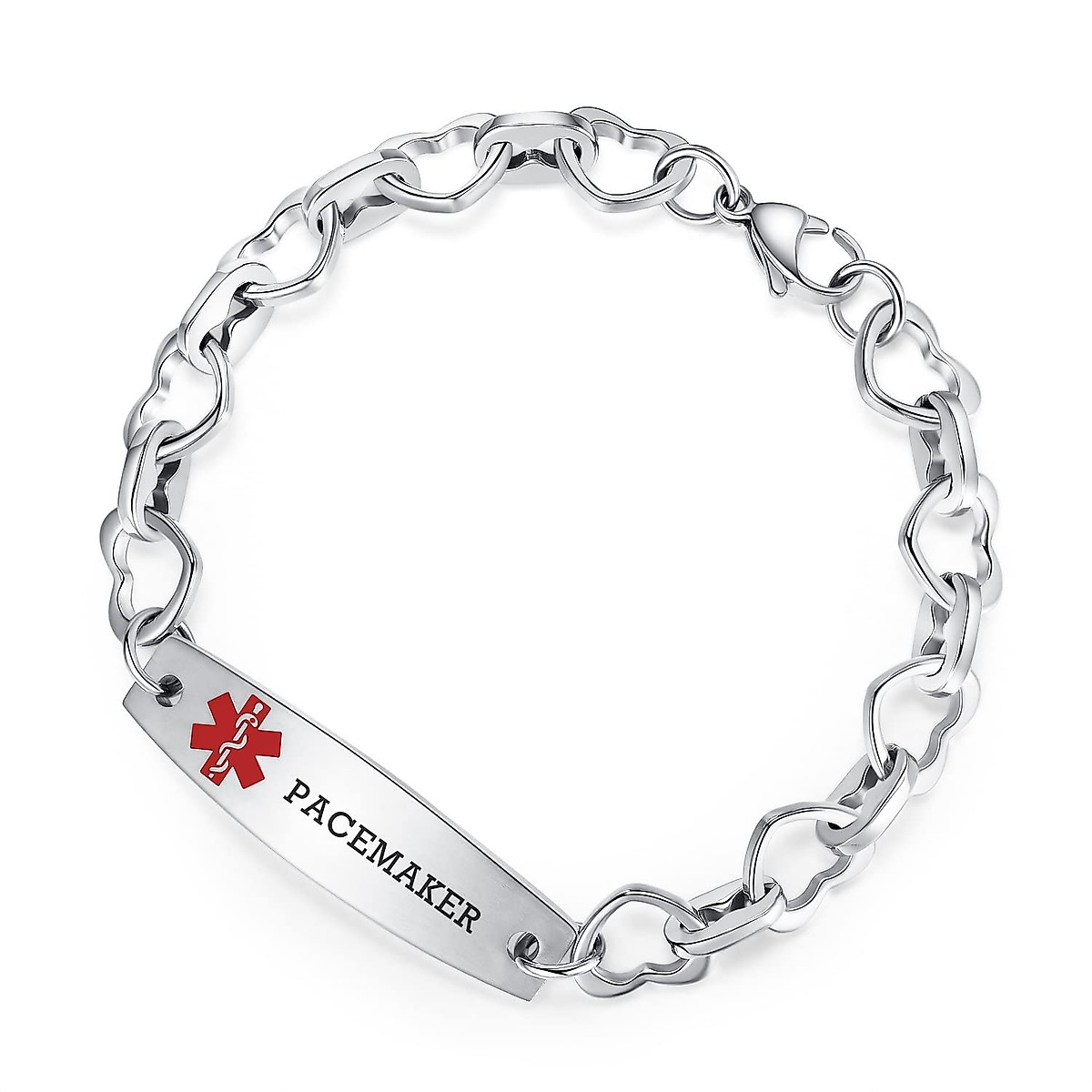 mnmoom 7 1/2 in Heart Medical Alert Bracelets for Women Stainless Steel id bracelets with Free custom engraving (Silver/PACEMAKER)