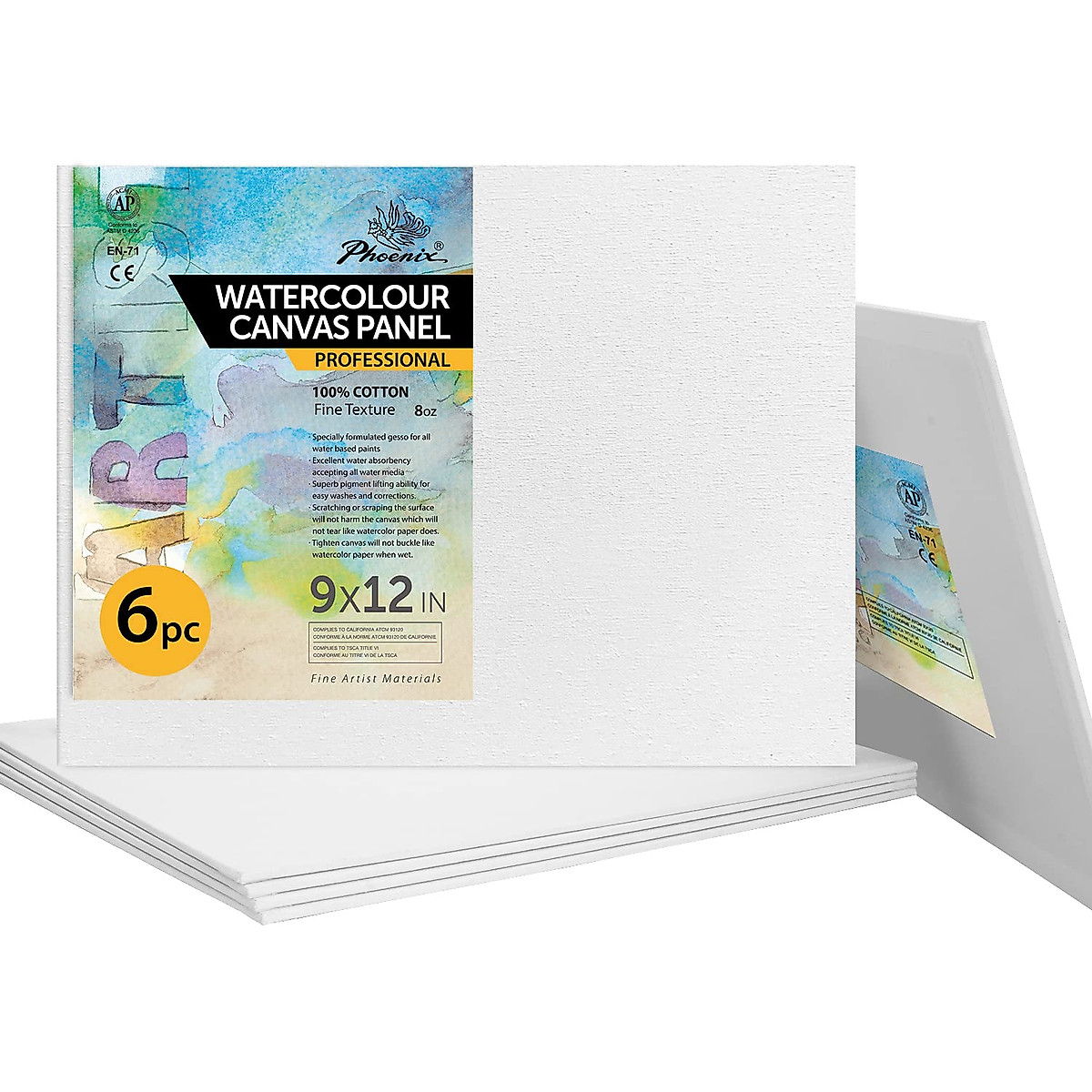 PHOENIX Watercolor Canvas Panels 9x12 Inch, 6 Pack - 8 Oz Triple Primed 100% Cotton Acid Free Canvases for Painting, Blank Flat Canvas Boards for Watercolor, Acrylic, Gouache & Tempera Painting