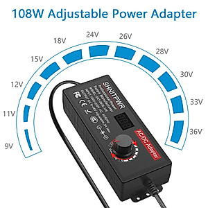 SHNITPWR Universal Power Supply Adjustable DC 24V 12V 9V 14V 19V 30V 36V AC Adapter Multi-Voltage 9V ~ 36V 3A 108W DC Power Adapter 100V~240V AC to DC Variable Power Converter 14 Tips 5.5x2.5mm