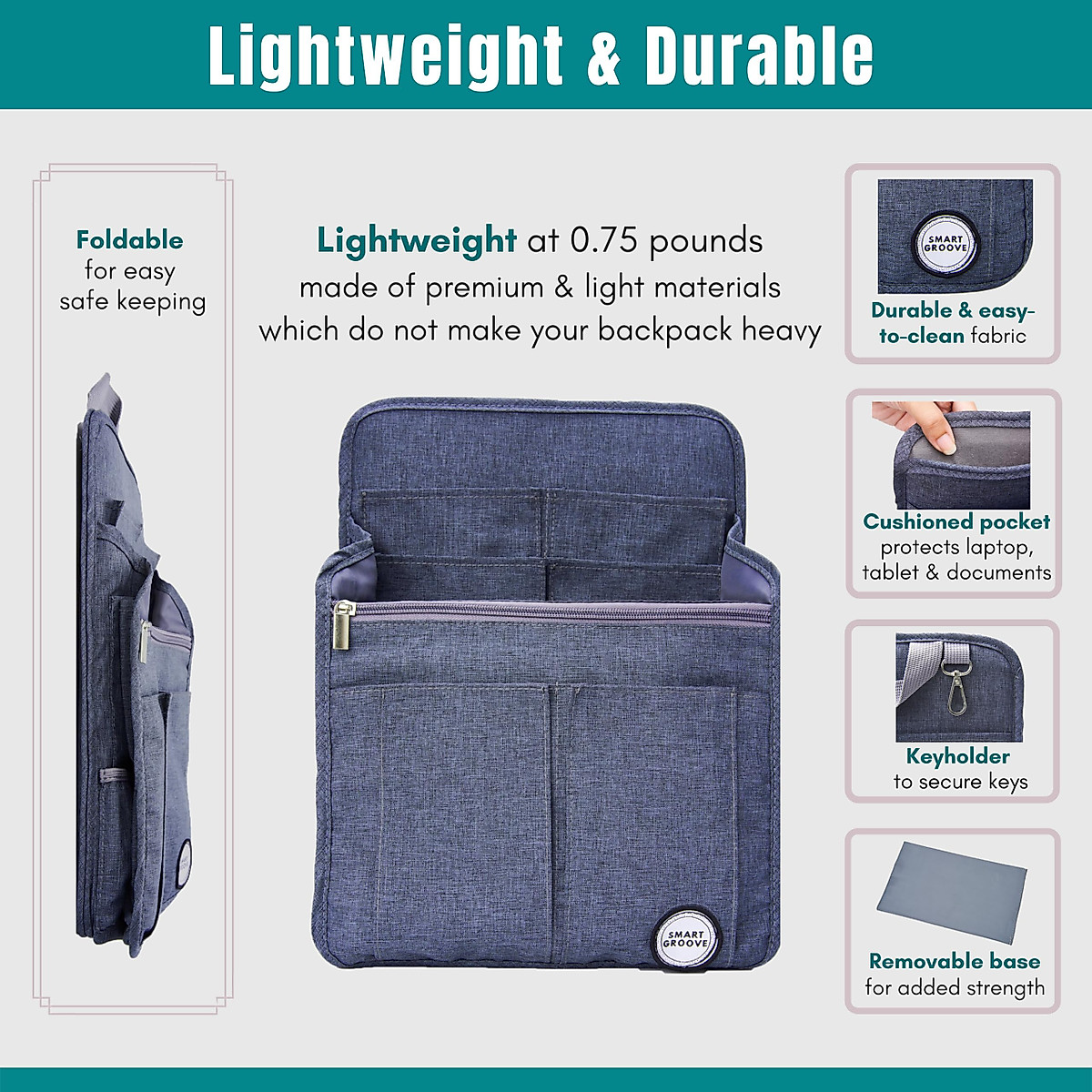 SMART GROOVE Backpack Organizer Insert – Large,Light and Durable with 20 Pockets Bookbag Organizer Backpack Insert Organizer for Men and Women,Blue