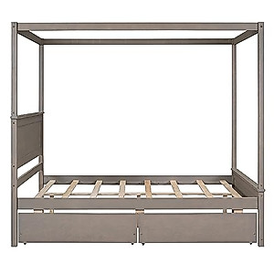 SIYSNKSI Modern Full Size Canopy Platform Bed with 2 Drawers, Wood Canopy Platform Bed with Support Slat, 4-Post Canopy Platform Bed Frame for Kids Teens Adult (Brushed Light Brown-2 Drawers)