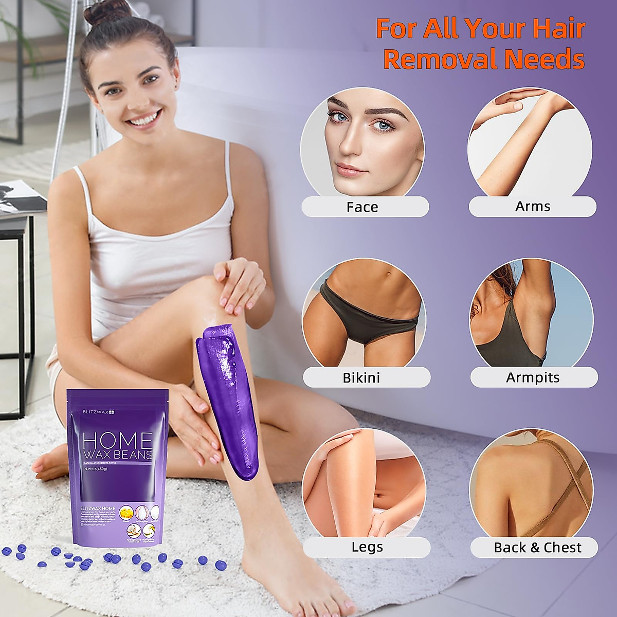 BLITZWAX Wax Beads for Hair Removal - 1lb Lavender Hard Wax Beads Coarse Hair Formula - Painless Wax for Sensitive Skin, Face, Eyebrow, Full Body, Bikini - At-Home Waxing Beads for Women Men