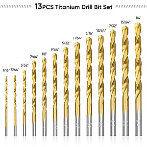 TICONN 13 PCS Titanium Coated Drill Bit Set, 135 Degree Tip High Speed Steel HSS Drill Bits Kit for Steel, Aluminum, Copper, Soft Alloy Steel, Wood, Plastic Size from 1/16" to 1/4"
