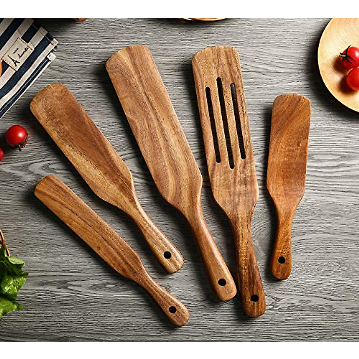 Wooden Cooking Utensils, NAYAHOSE 5 Pcs Natural Teak Kitchen Utensil Set Heat Resistant Non Stick Wood Cookware with Hanging Hole, Slotted Spurtle Spatula Sets for Stirring, Mixing, Serving