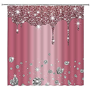 DSMEUE Glitter Diamond 4 Piece Shower Curtain Sets with Rugs，Pink Silver Shiny Drips Falling Bling Women Girl (No Glitter) 70" x 70" Bathroom Curtain and 17.8"x29.5" Bath Mat,Toilet Cover, U-Shaped