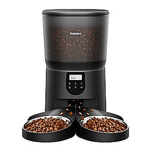 Automatic Cat Feeders for Two Cats, Katalic 6L/25.4cup Double Automatic Cat Food Dispenser with 2 Stainless Bowls,10s Meal Call and Timer Setting 20 Portions 4 Meals Per Day,Pet Feeder for Cat and Dog