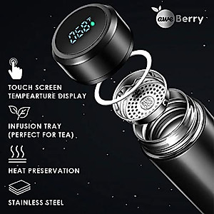 AweBerry Smart Water Bottle, Tea And Coffee Thermos, Stainless Steel, 17oz (500mL) LCD Touch Screen Temperature Display (Black)